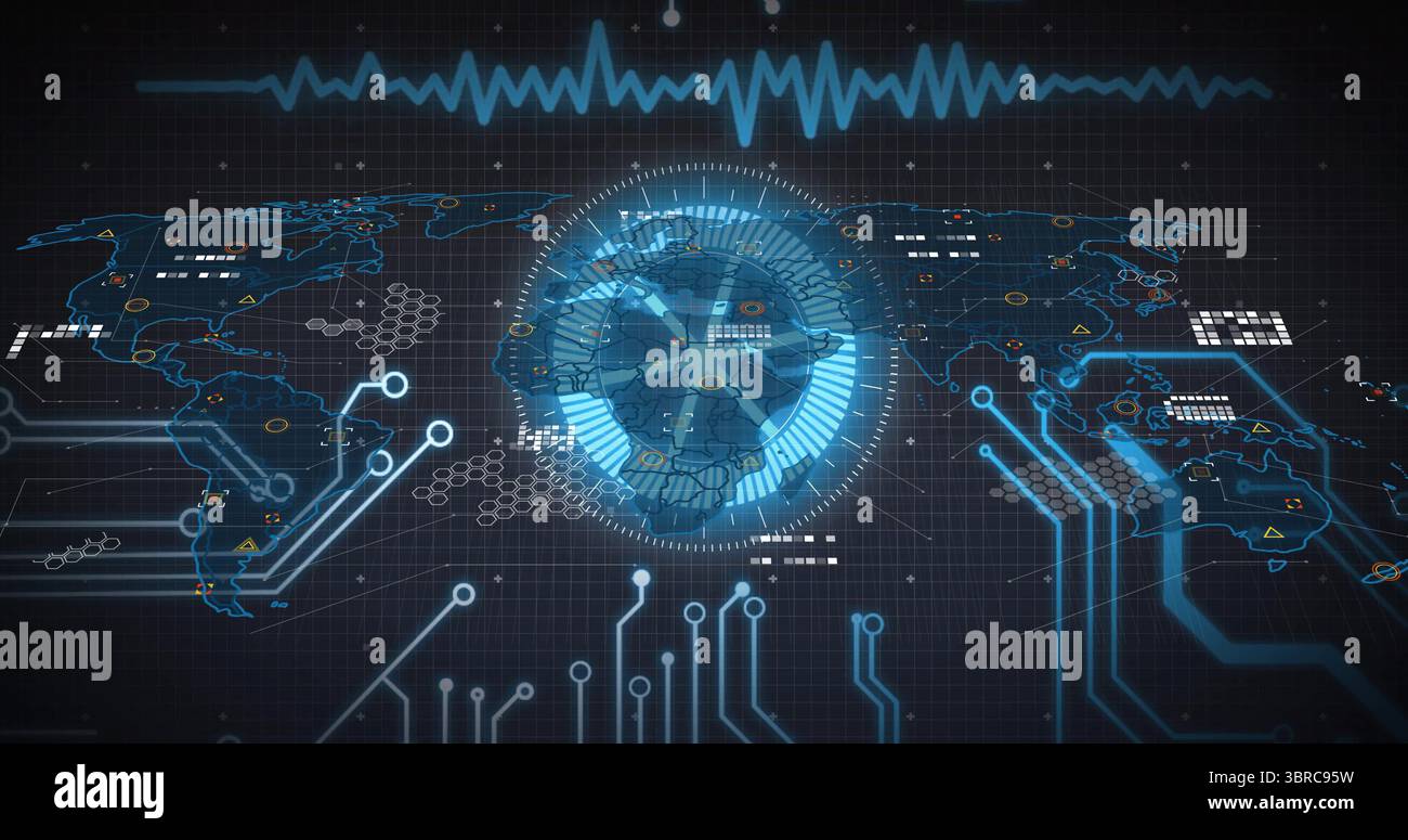 Displaying central holographic globe rotating over dark grid interface, with circuit lines Stock ...