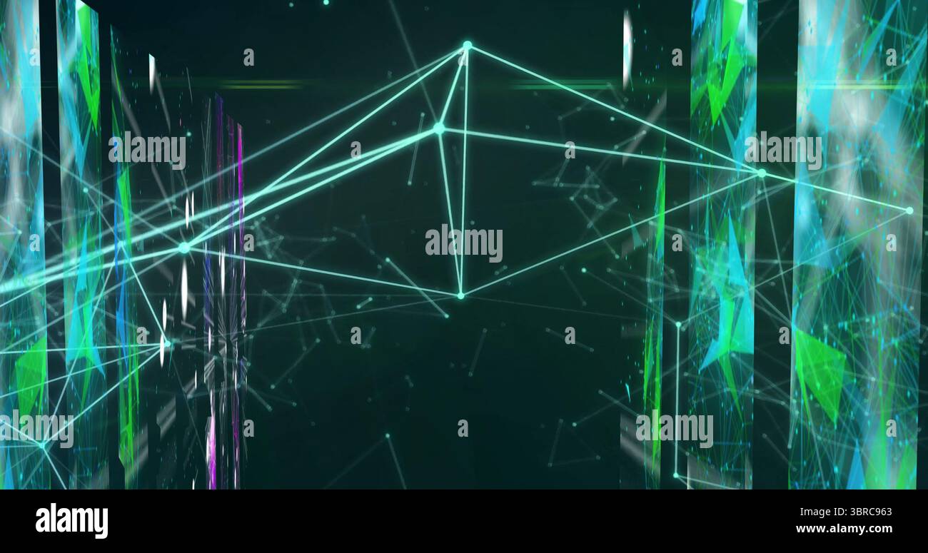 Glowing teal-green network structure pulsing in cyber interface, with nodes, lines and particles ...