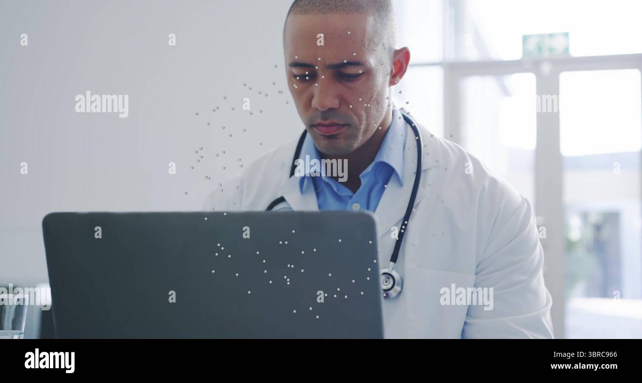 Typing on laptop, Hispanic doctor reviewing records at reception with ...