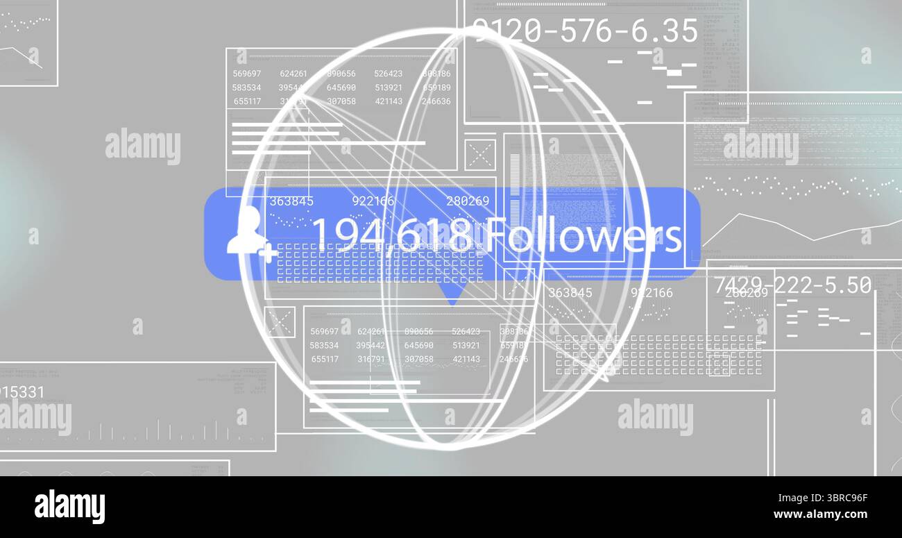 Showing white wireframe globe and blue followers badge at dashboard, with data panels and ...