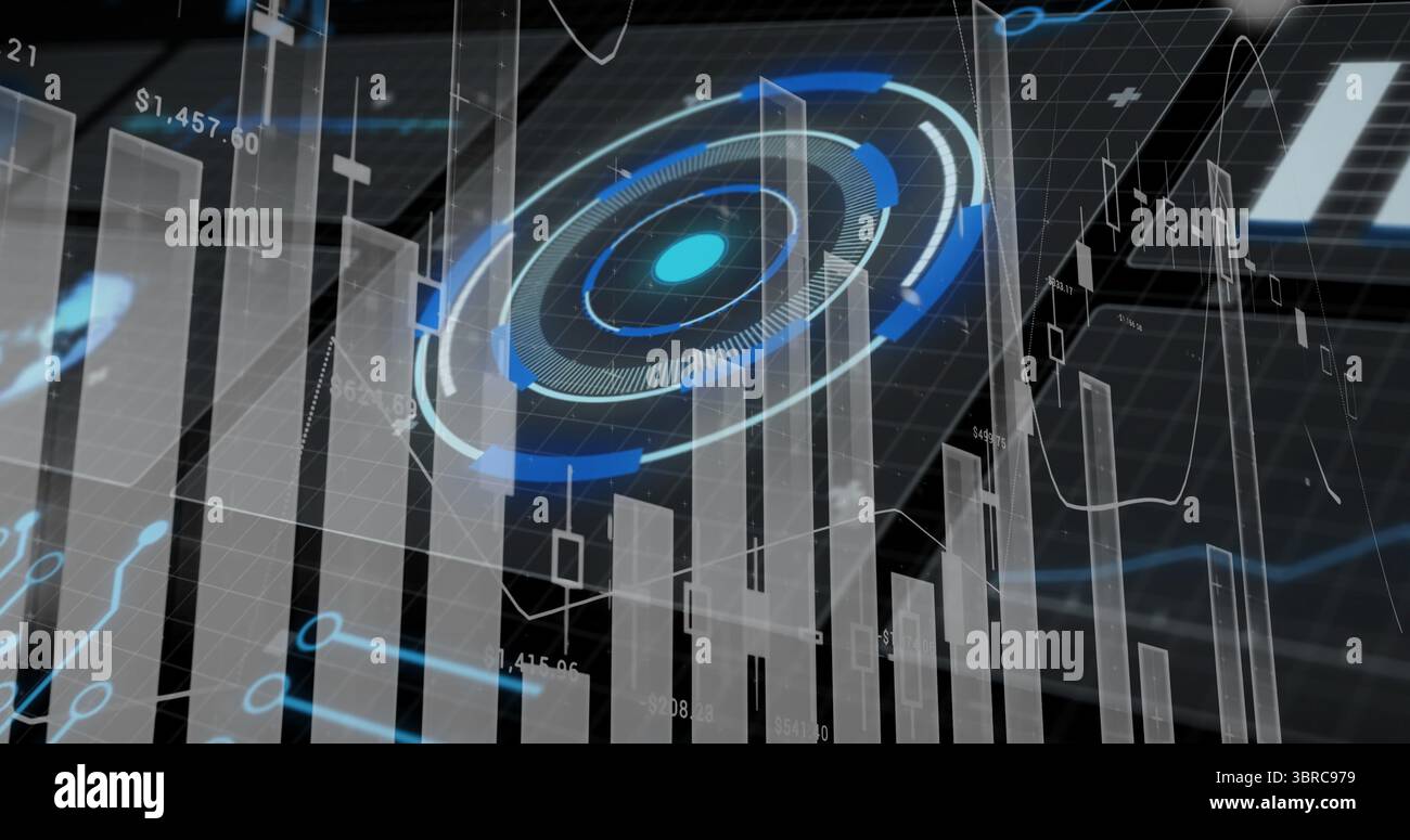 Displaying circular HUD data visualization hovering over grid plane, with bars and numeric ...