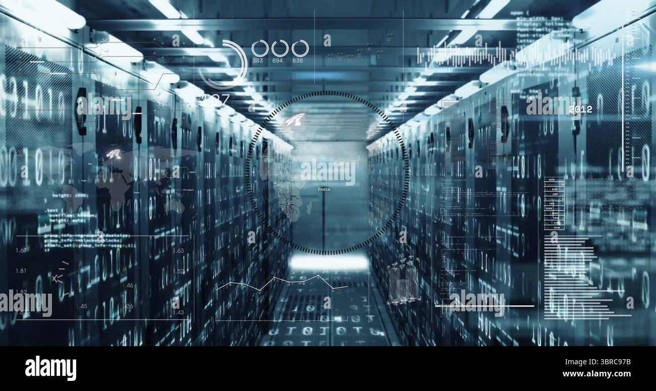 Glowing corridor displaying holographic data streams in data center with server racks and ...