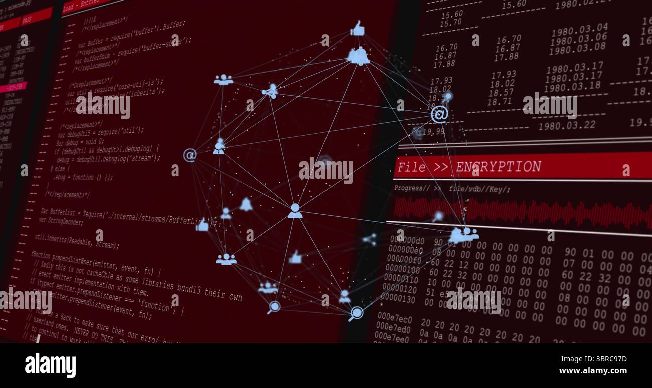 Displaying central 3D network graph glowing on red virtual encryption panel, with code and hex ...