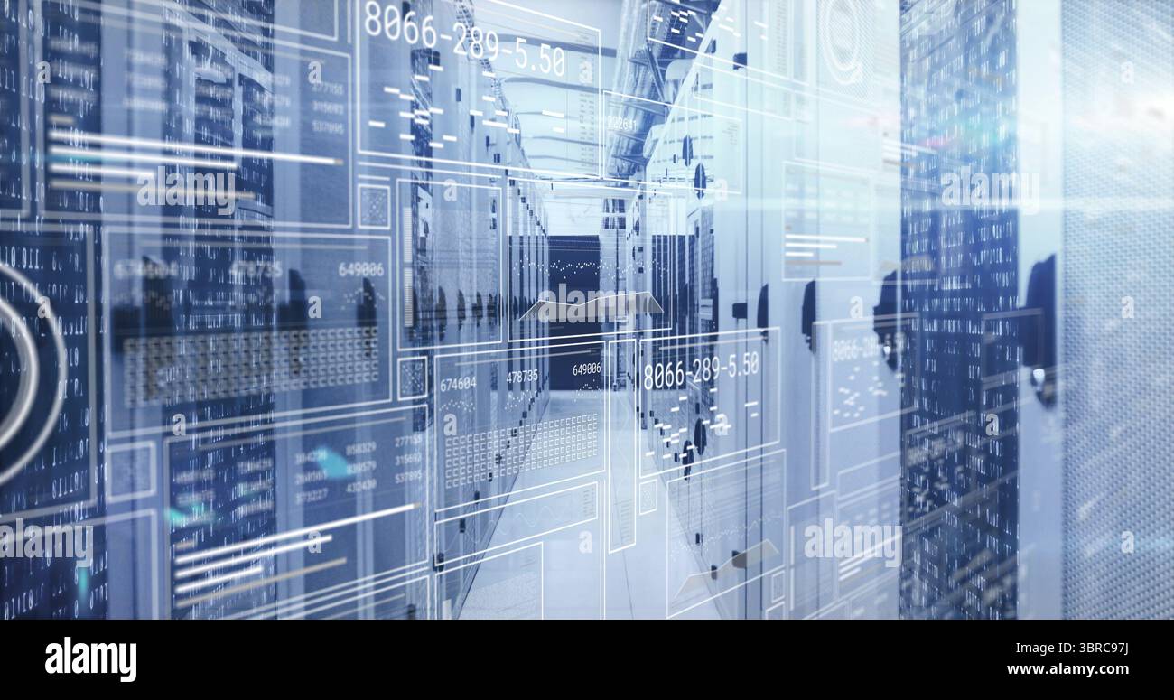 Showing data center aisle lined with server cabinets under LED panels, with HUD overlays Stock ...