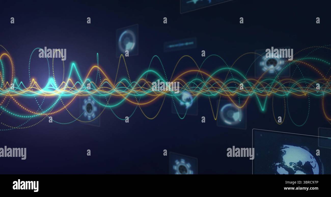 Displaying neon waveforms across dashboard panels with gear icons ...