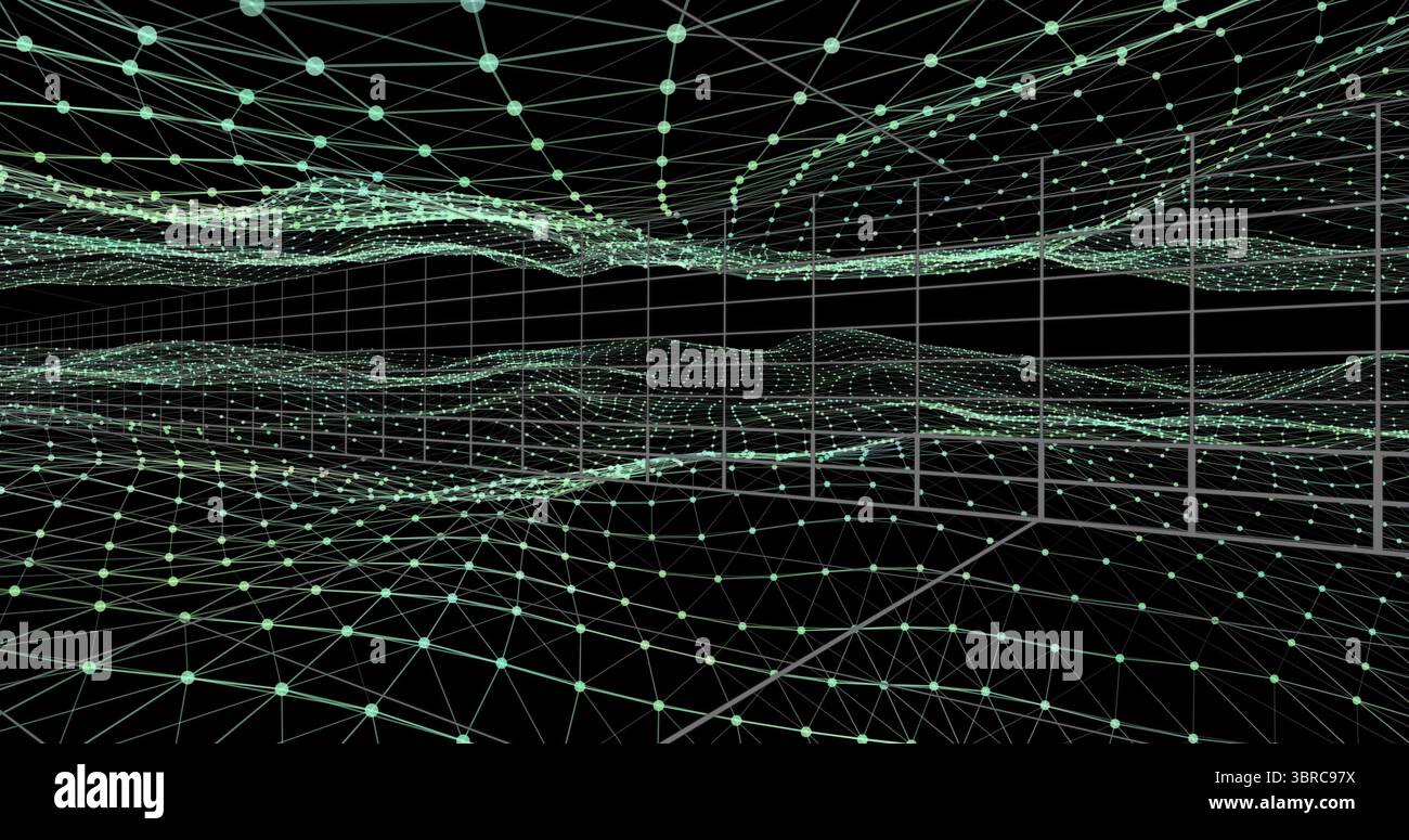 Forming central 3D wireframe mesh rippling in virtual space, glowing ...