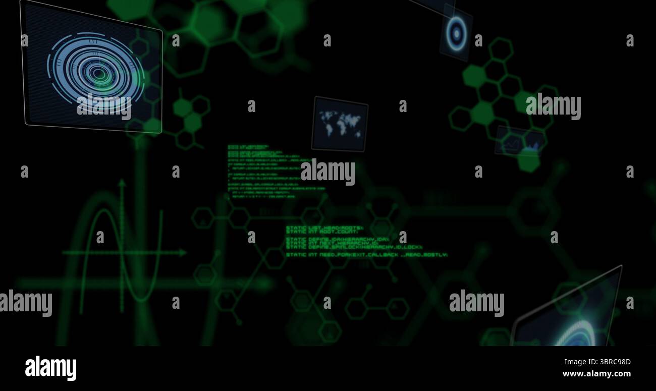 Displaying central cluster emitting glowing green code and hexagon nodes in holographic HUD ...