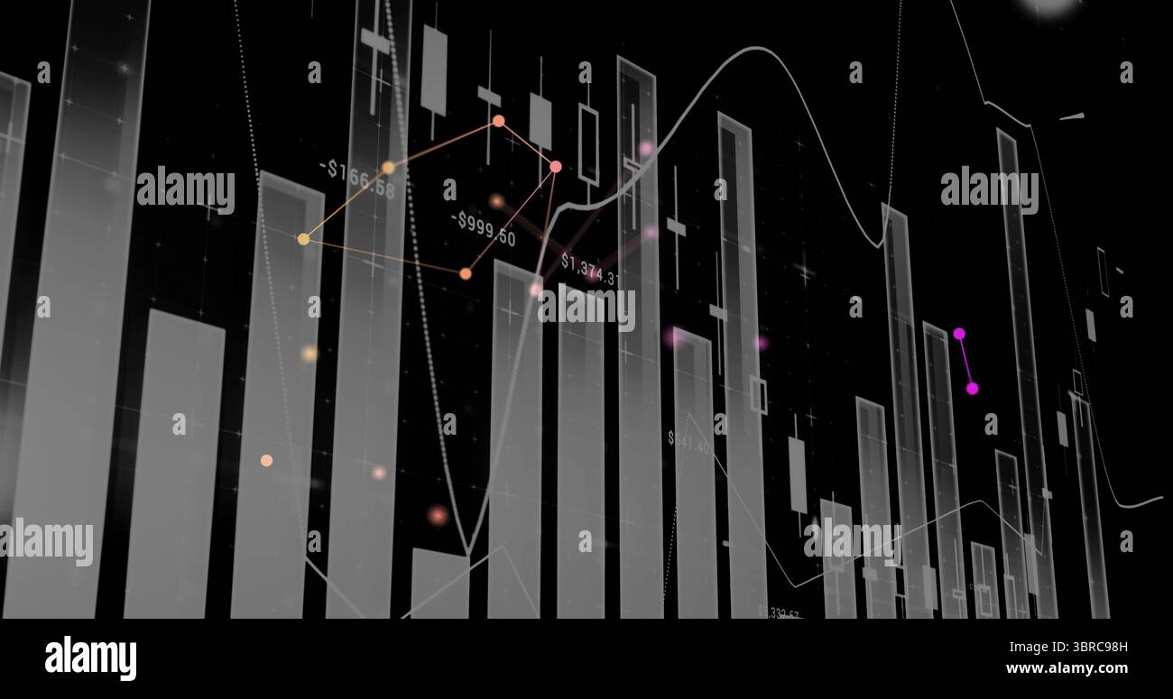 Financial chart showing 3D bars, candlestick markers, trend line and colored points on dark grid ...