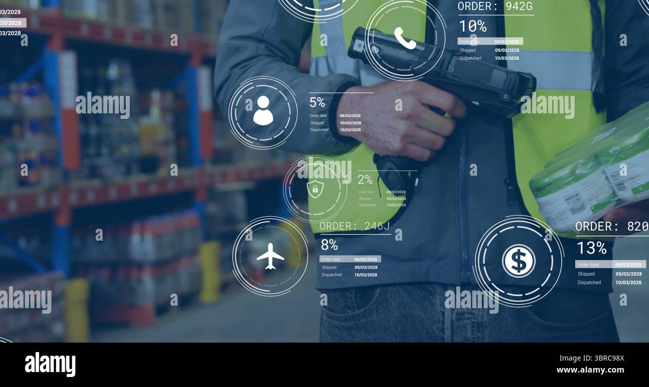 Worker in safety vest scanning packages using barcode scanner at depot ...