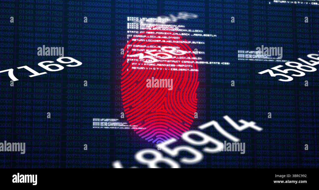 Displaying stylized red fingerprint overlaying virtual code matrix, with floating numeric ...