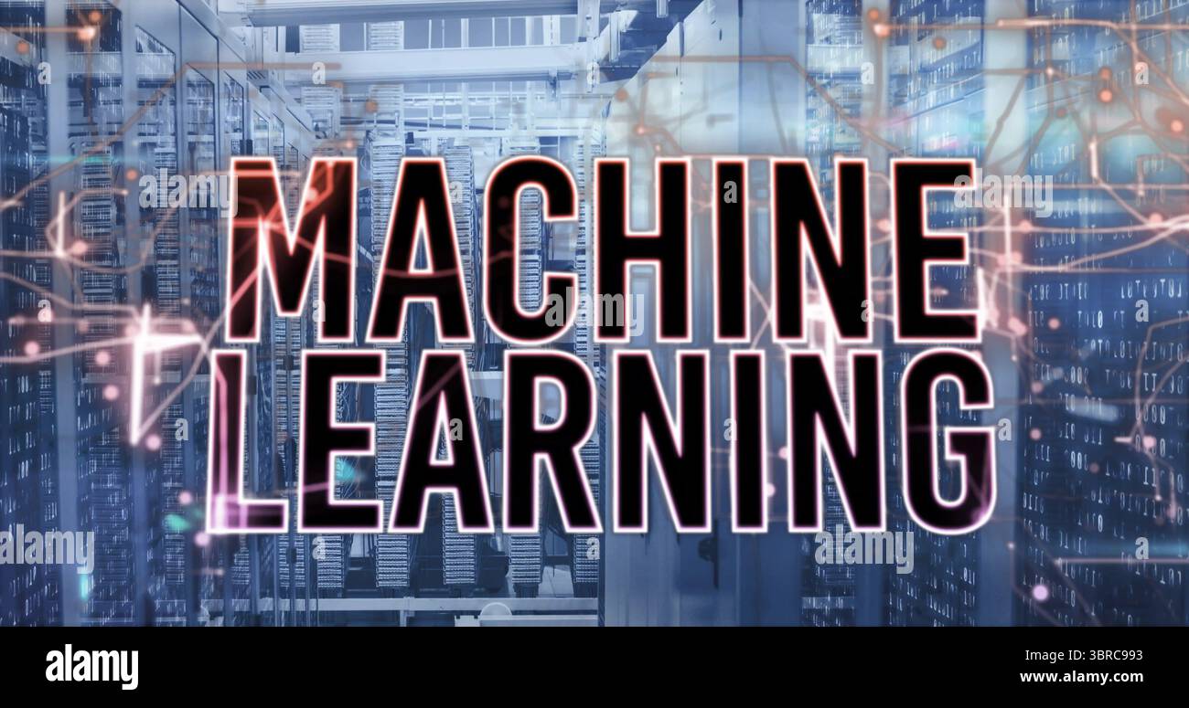 MACHINE LEARNING text dominating data center, with server racks ...