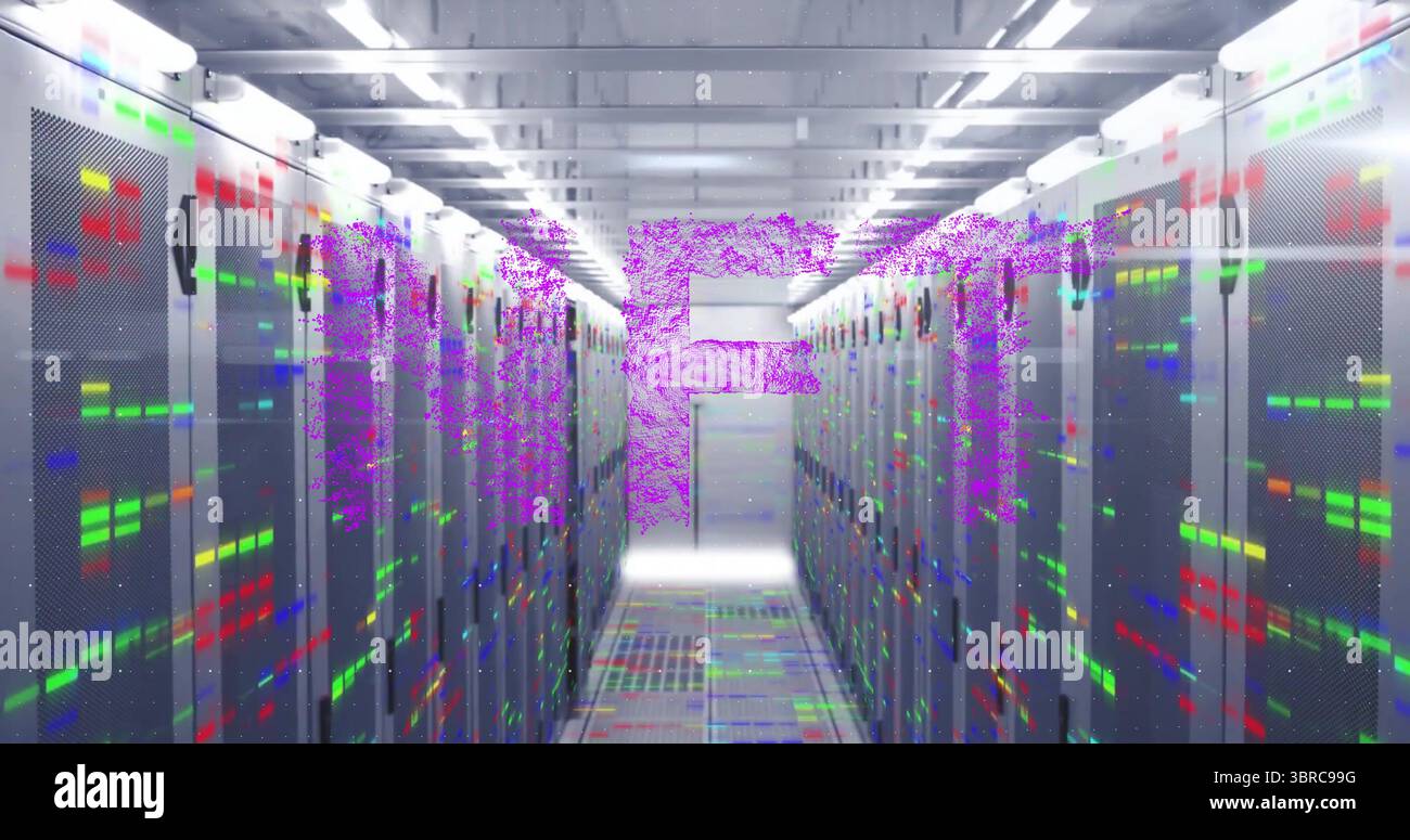 Showing server cabinets with LED lights, fiber cables and glitch ...