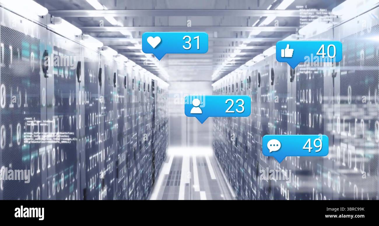 Server racks streaming binary code with LED lights in datacenter aisle showing social media ...