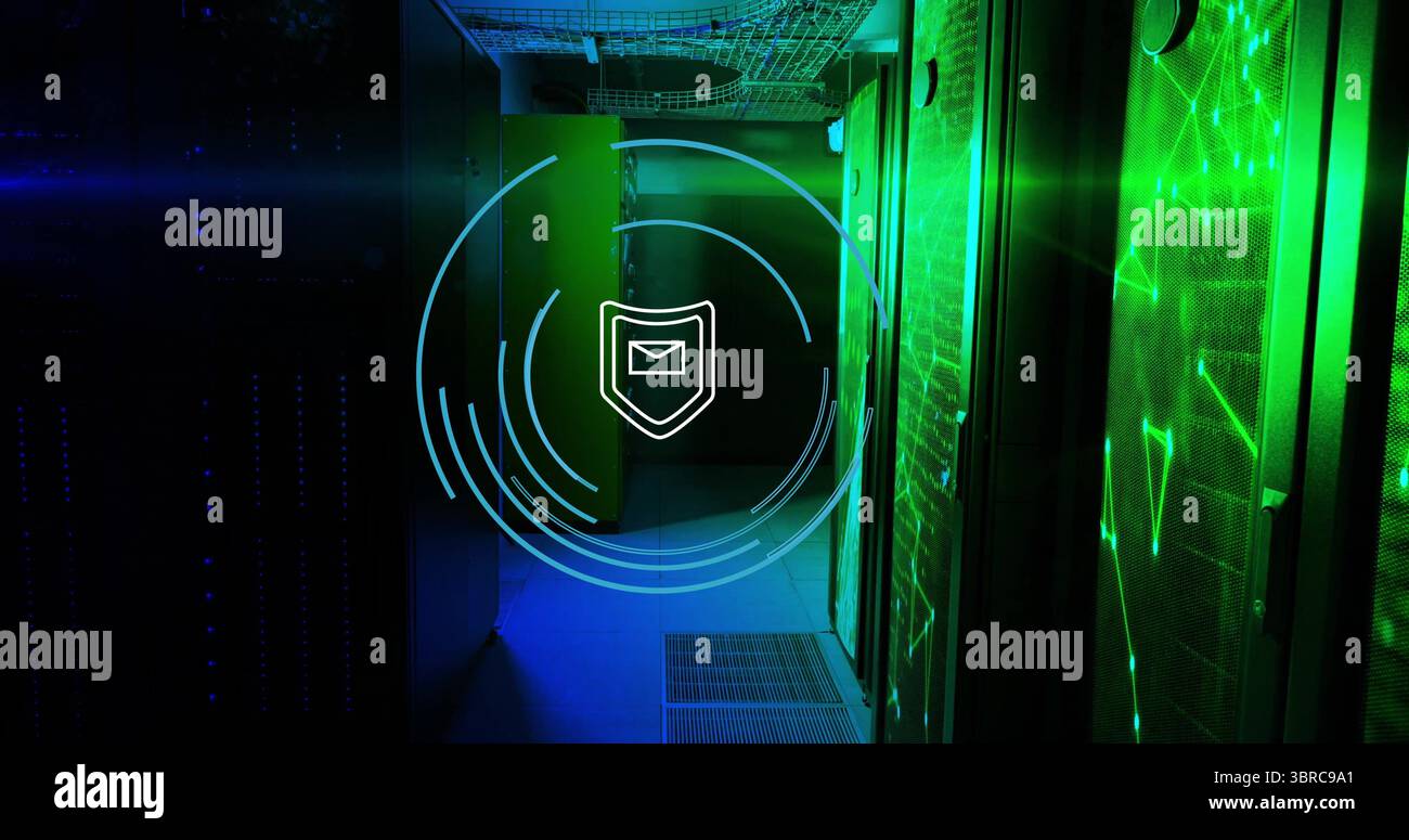 Pulsing shield envelope icon overlay between server racks in data center with cable trays and ...