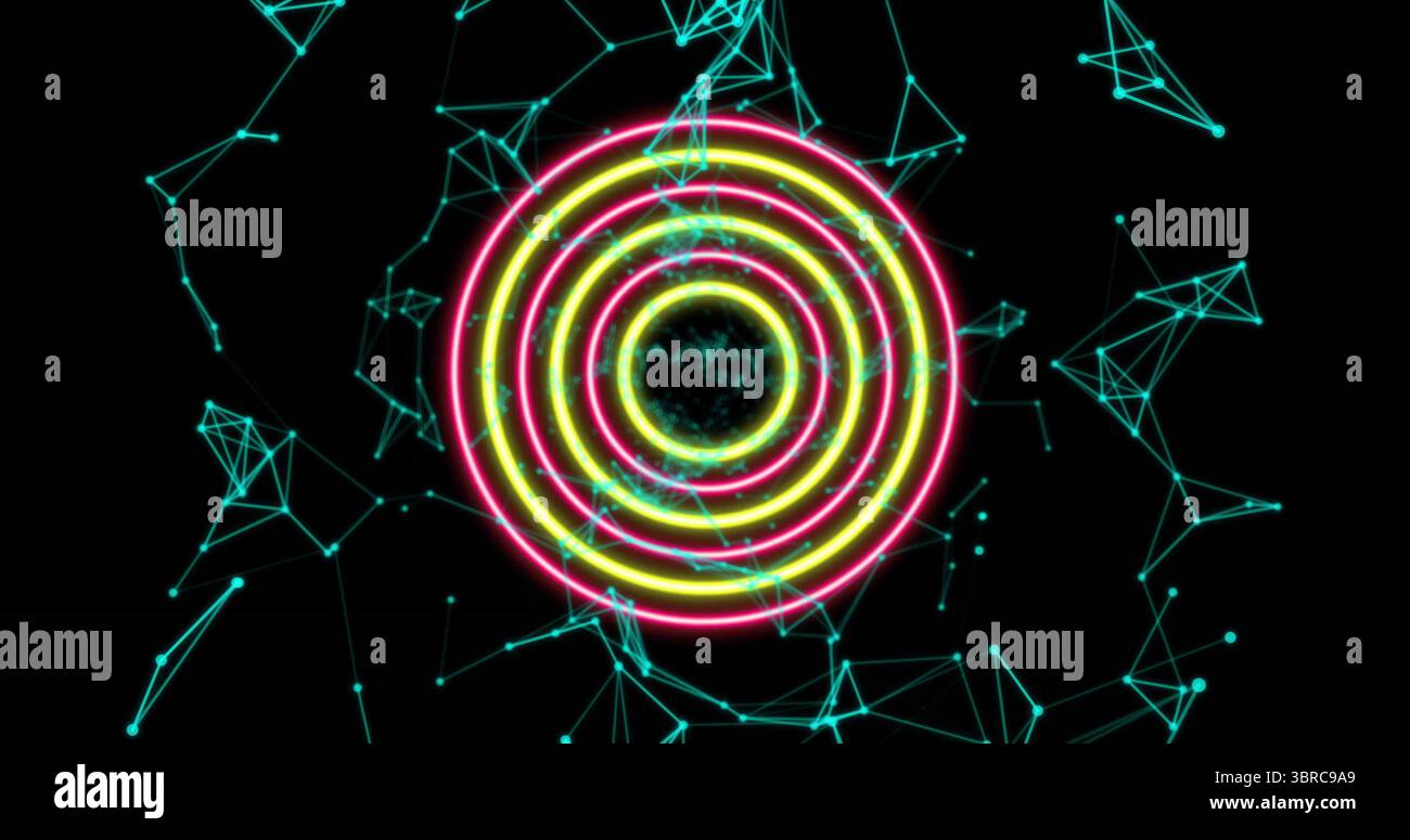 Floating neon concentric rings rotating in virtual network, with ...
