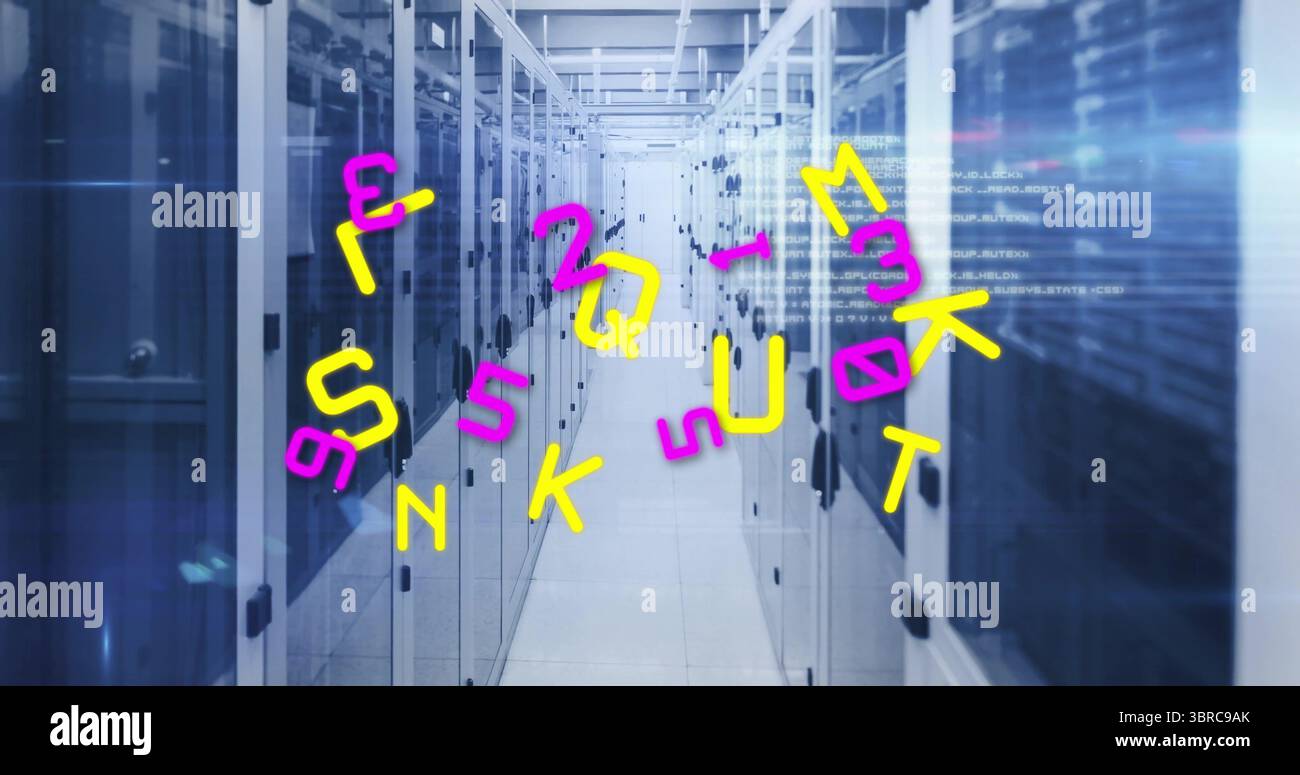 Server cabinets flashing LEDs and floating code symbols in central data ...
