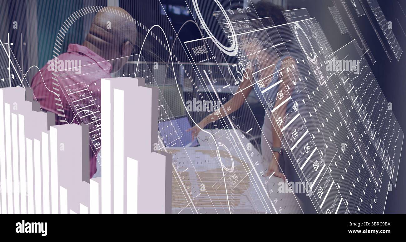 Analyzing printed charts blueprints and digital overlays, man and woman ...