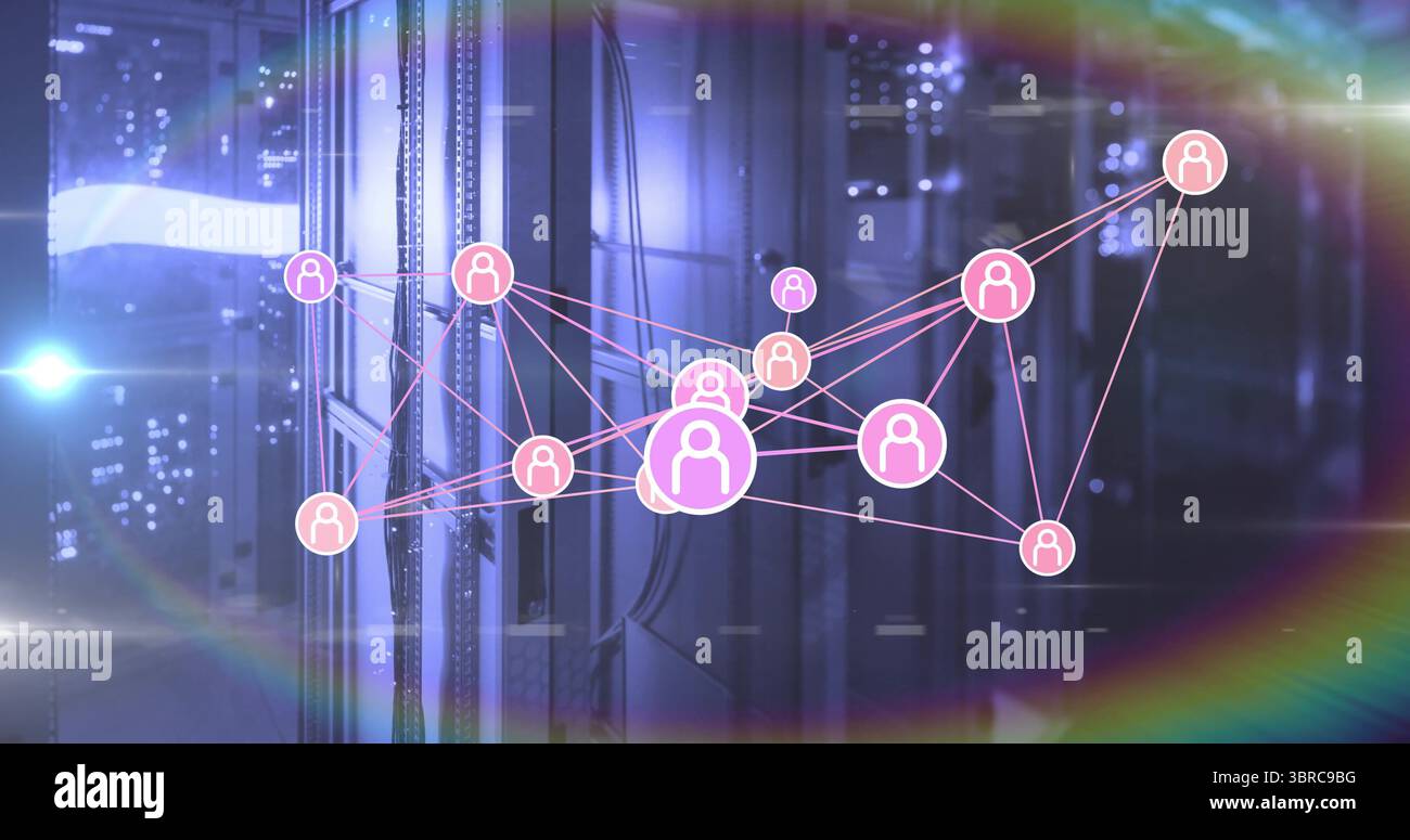 Highlighting network graph glowing in data center, with server racks, pink nodes and lens flare ...