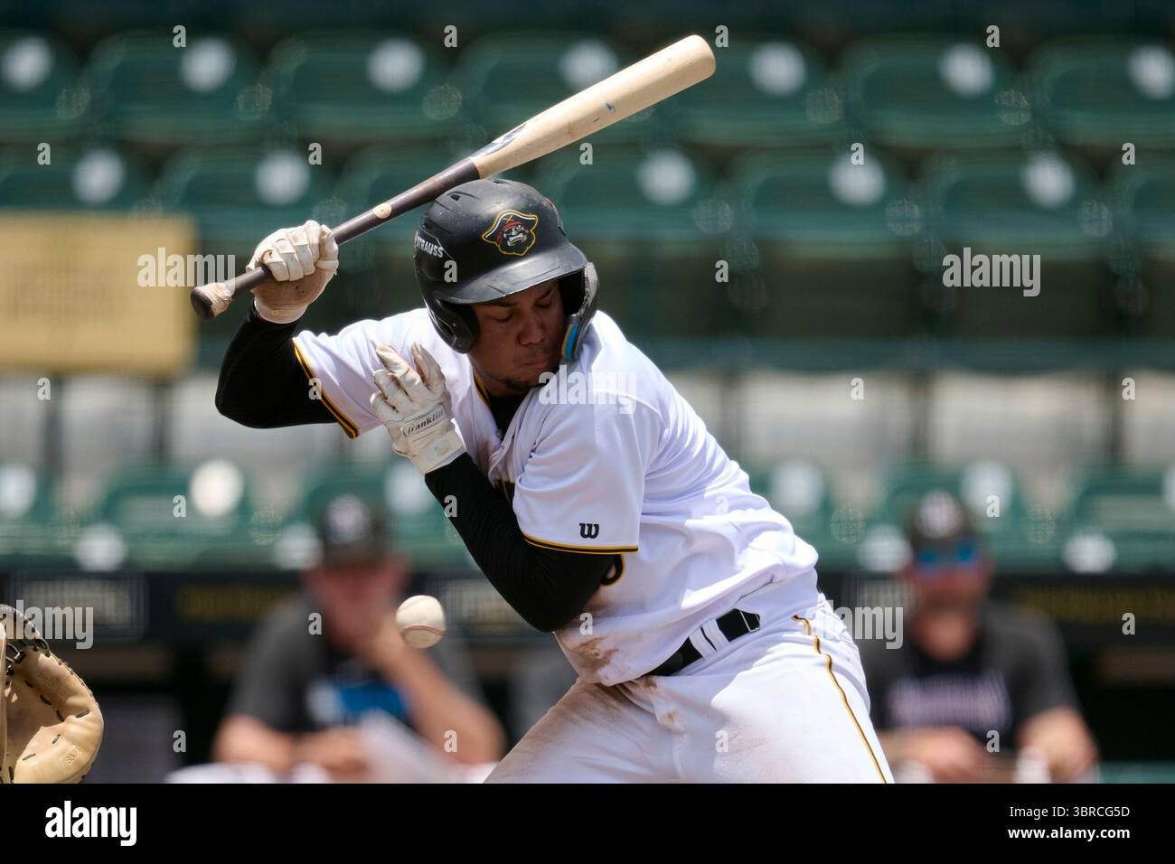 Bradenton Marauders Eddy Rodriguez (3) avoids an inside pitch during an ...
