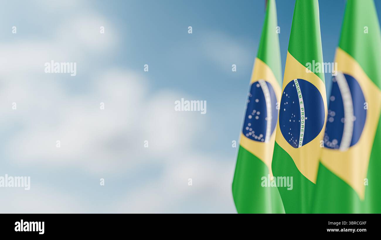 Three Flags of Brazil, Hanging Decoratively From a Flagpole Stock Photo ...