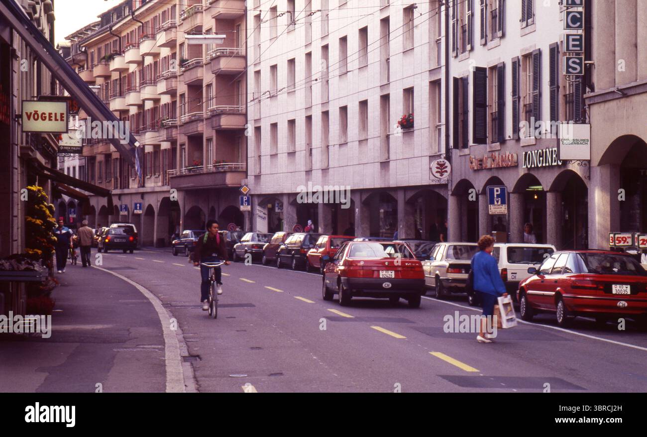 1990s Lausanne Street Scene with Cyclist and Vintage Cars, Switzerland ...