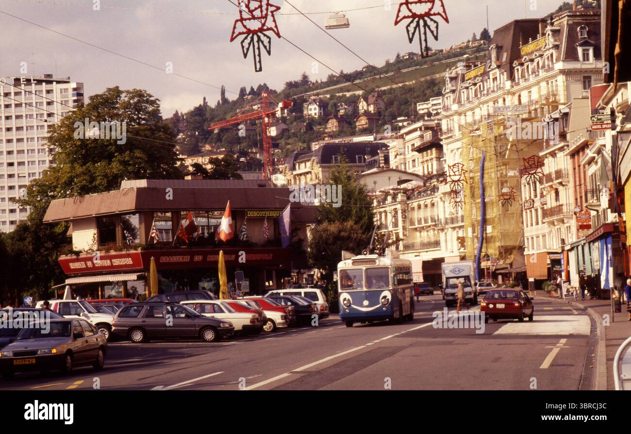 1990s Interlaken Main Street with Vintage Trolleybus and Grand Hotels ...
