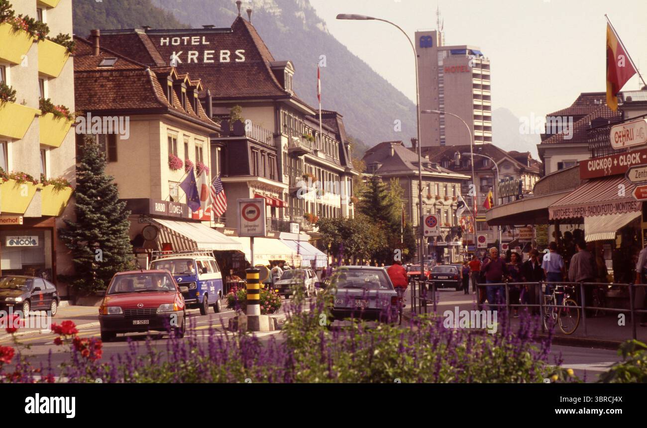 Vibrant Main Street Scene in Interlaken Switzerland Alpine Resort Stock ...