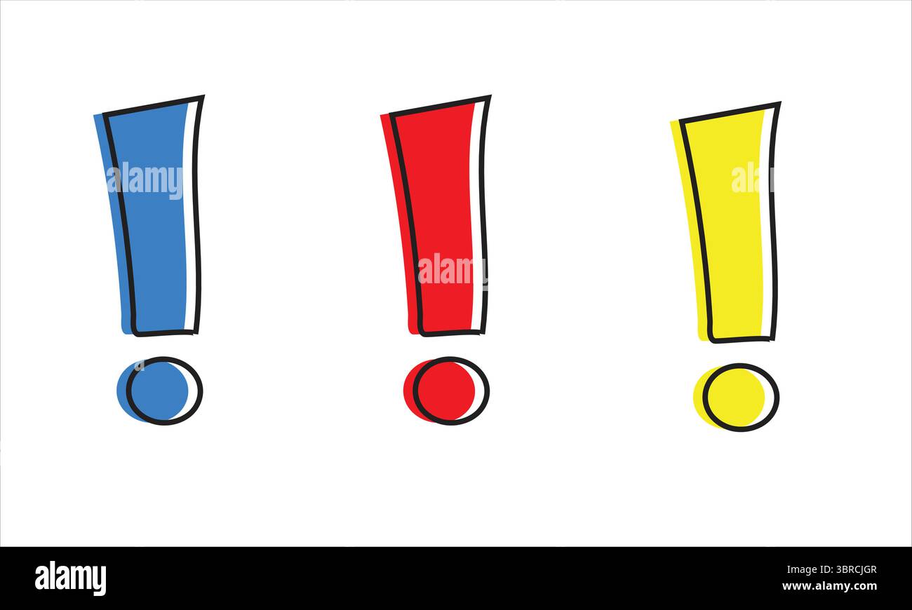 Hand Drawn Exclamation Mark Set: Blue, Red, Yellow Stock Vector Image ...