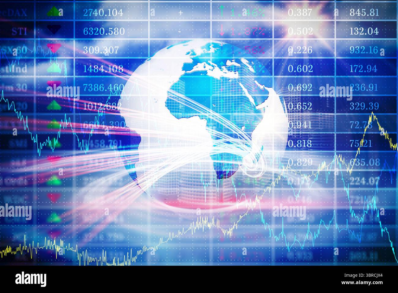 3D globe showing Europe and Africa is hovering over financial UI with ...