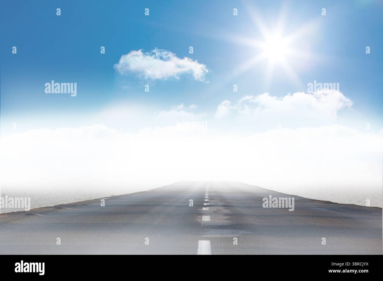 Flat vector showing asphalt road dashed white centerline heading into ...