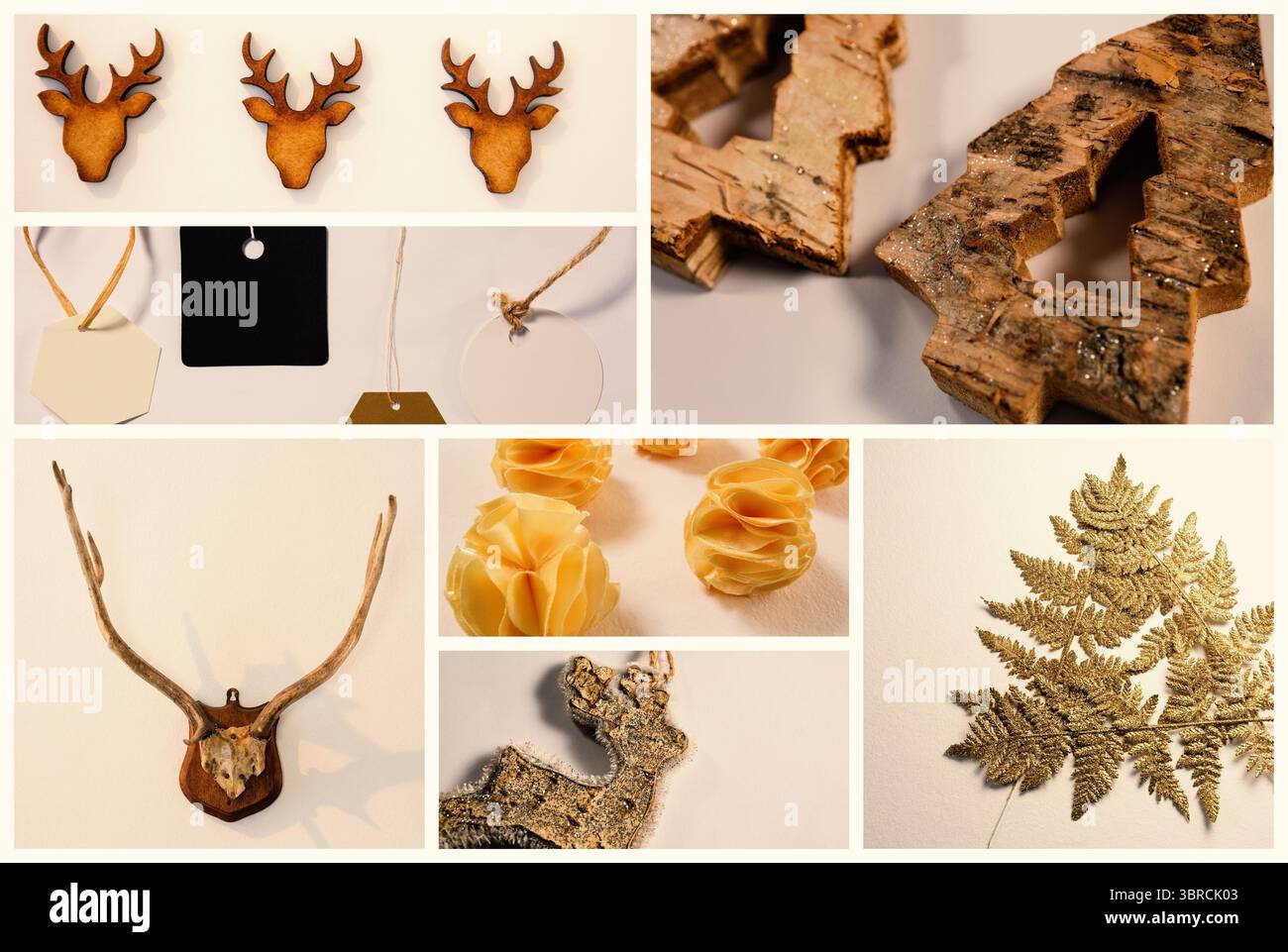 Flat lay collage is showing deer head ornaments and glittered tree ...
