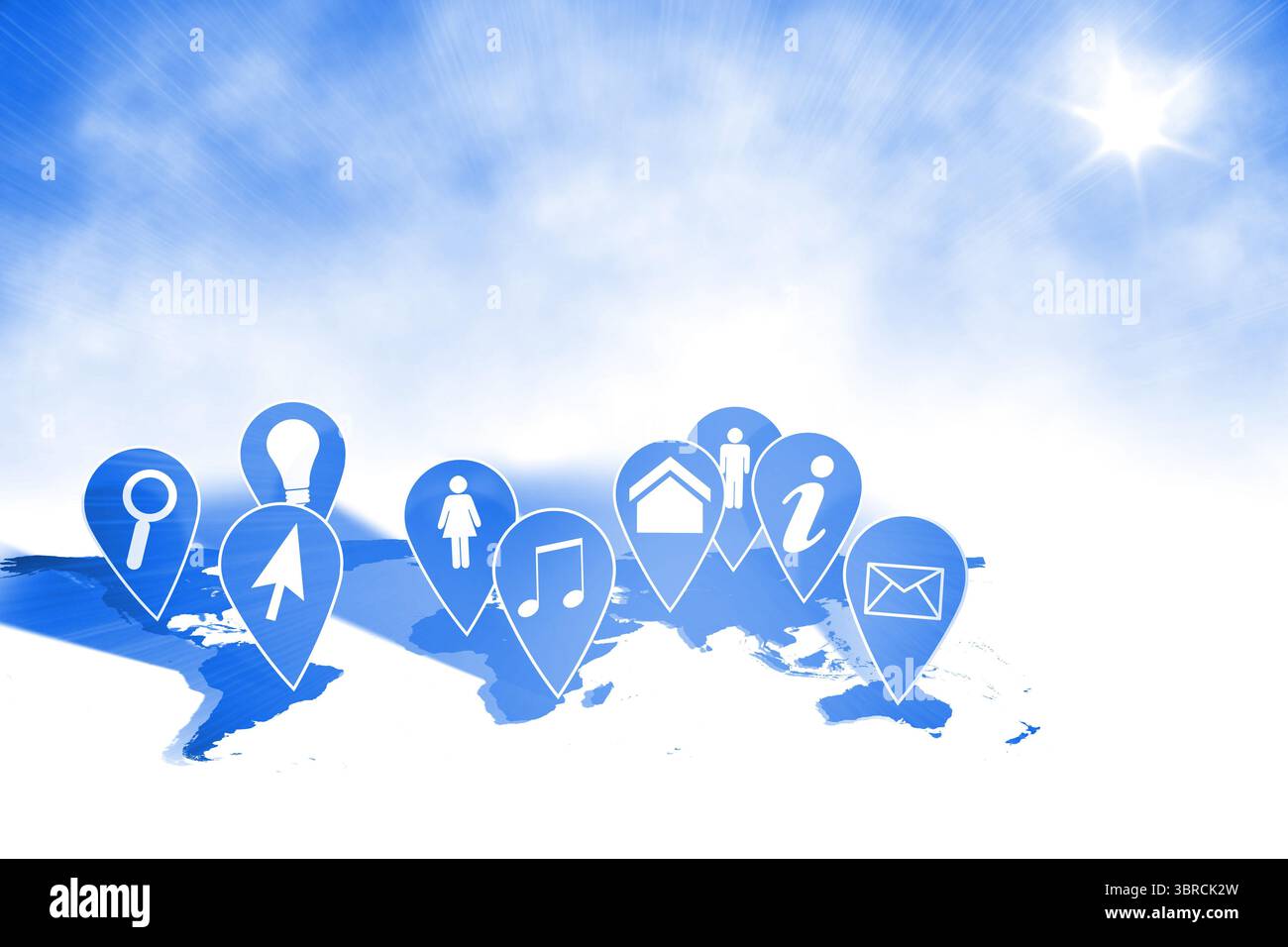 Cluster of blue pin icons with white symbols are floating over flat ...