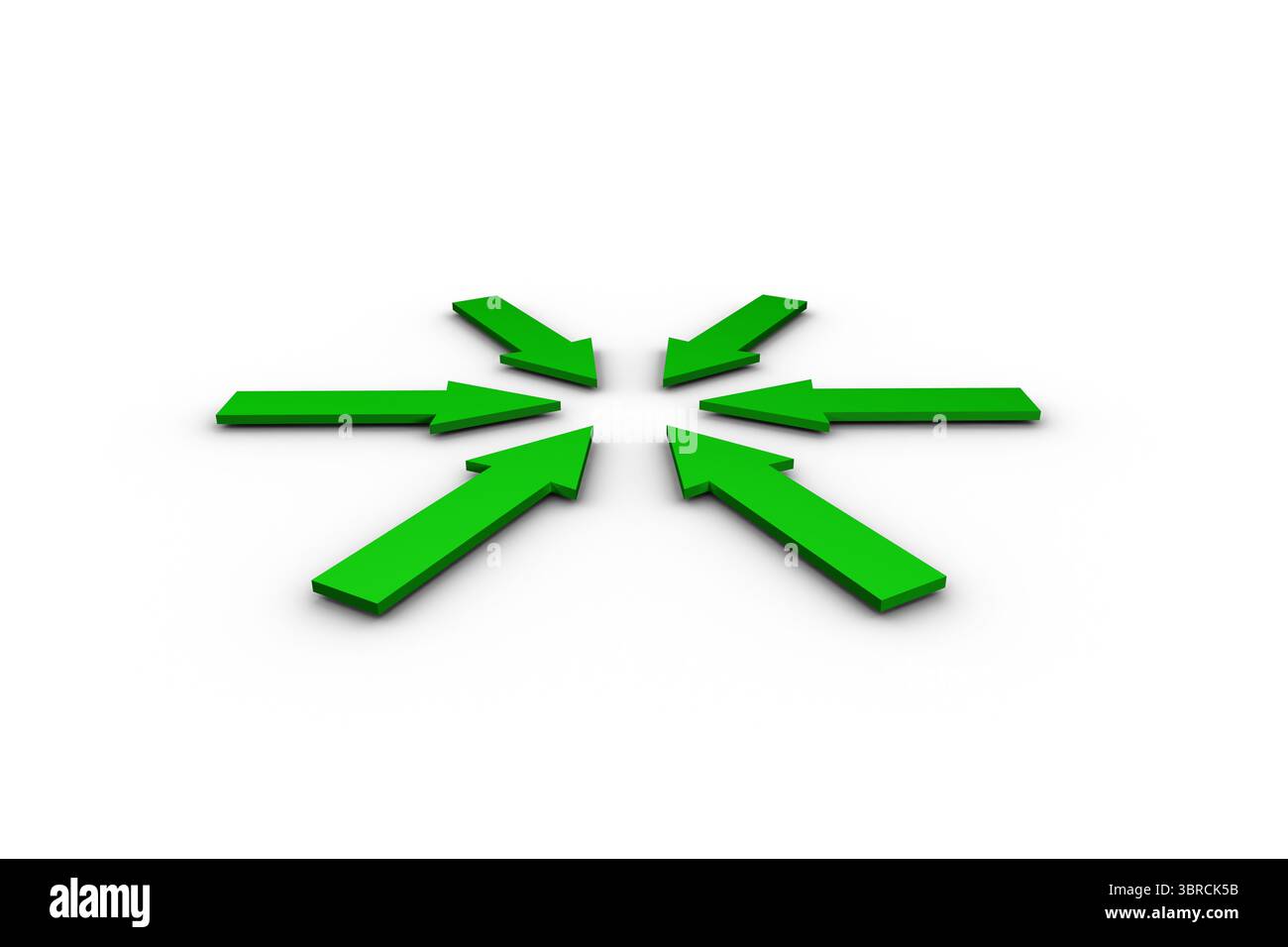 six green arrows in 3D render are pointing inward on white plane, with ...