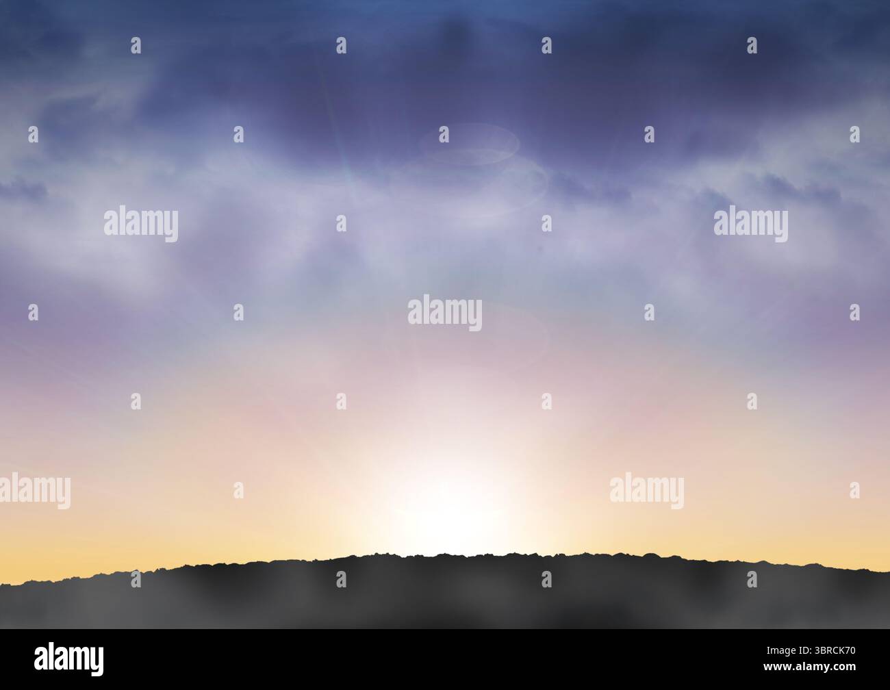 Bright rising sun is glowing with lens flare over dark hill ridge ...