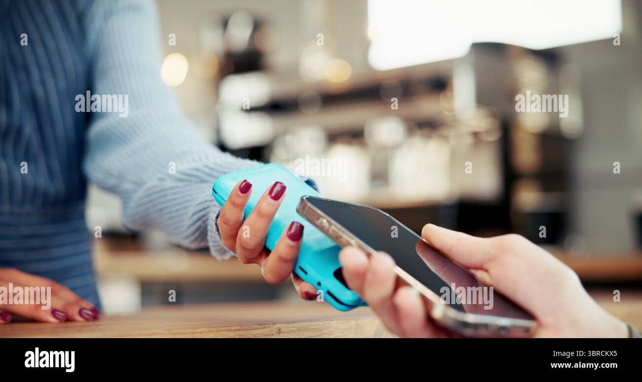 Food truck, hands and machine payment with phone for tap transaction ...