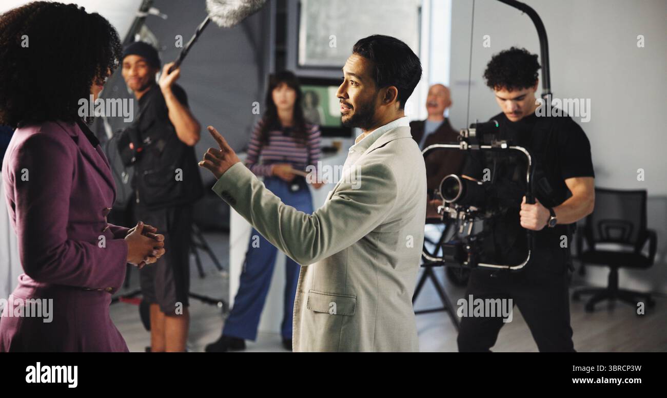 Man, actor or camera with scene in production studio for action, take ...