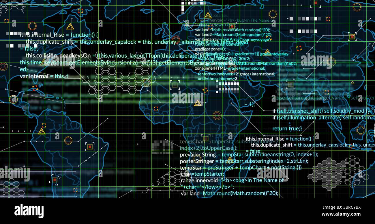 Displaying neon-blue world map outline scanning on dashboard, with code snippets warning icons ...