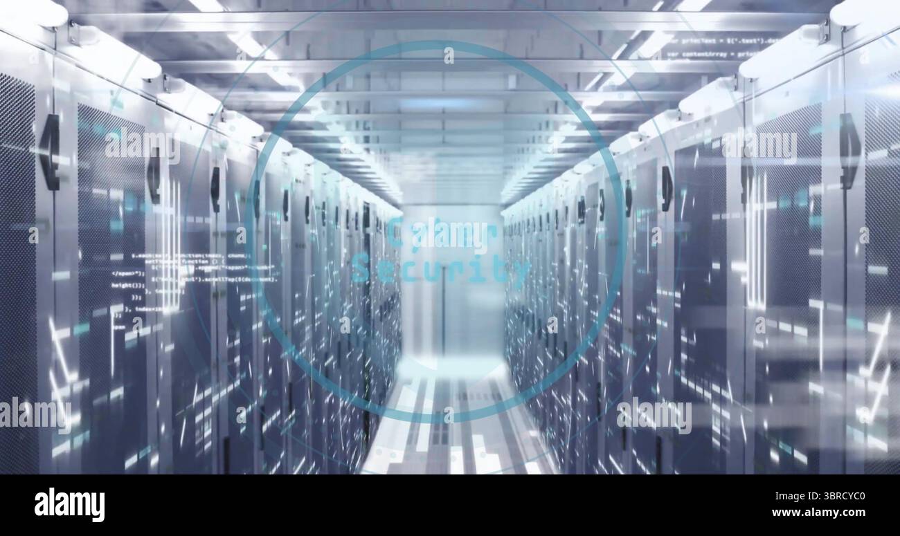 Showing symmetrical aisle at data center lined with server racks, LEDs ...