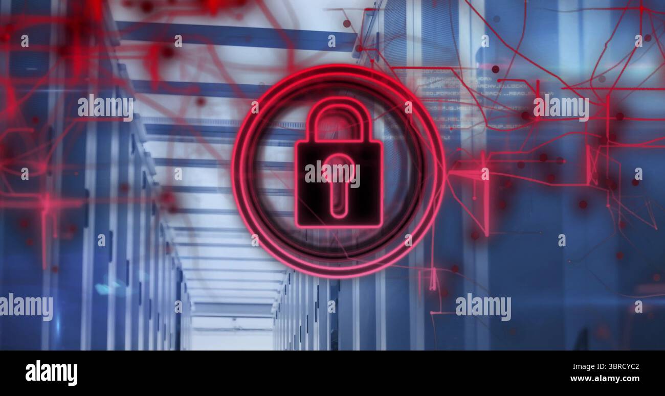 Projecting neon lock icon overlay emitting signals in server rack ...