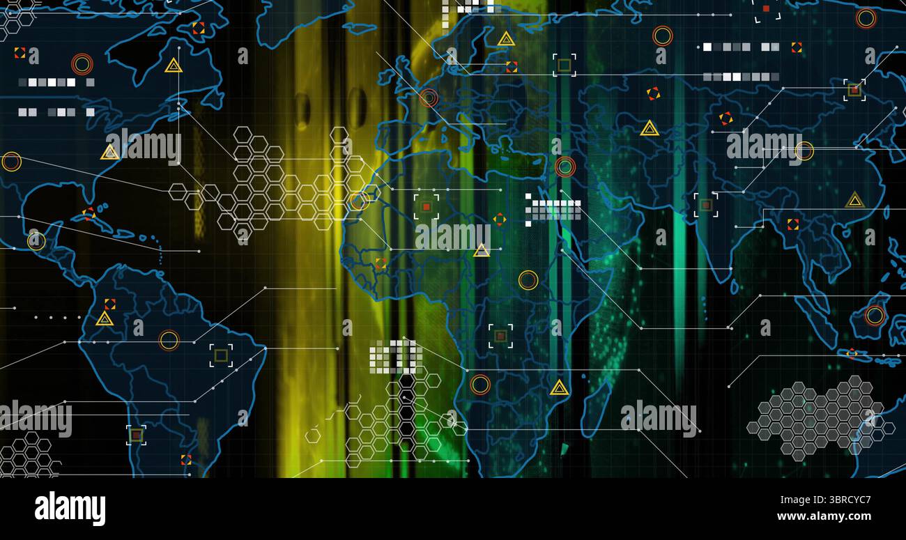 Displaying glowing world map streaming over digital grid dashboard, with data nodes and alert ...