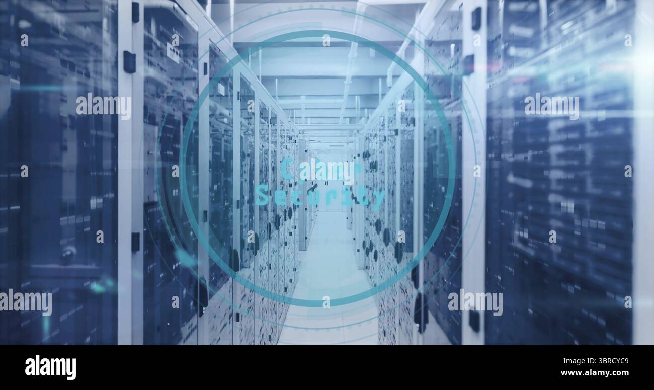 Showing server racks lining narrow data center corridor, with glowing ...