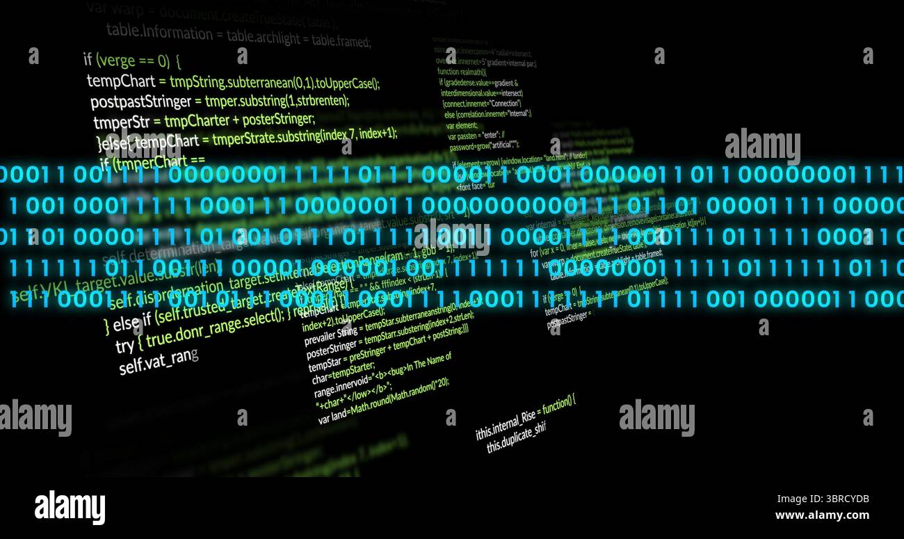 Streaming bright cyan binary digits across dark terminal screen, with green code lines Stock ...