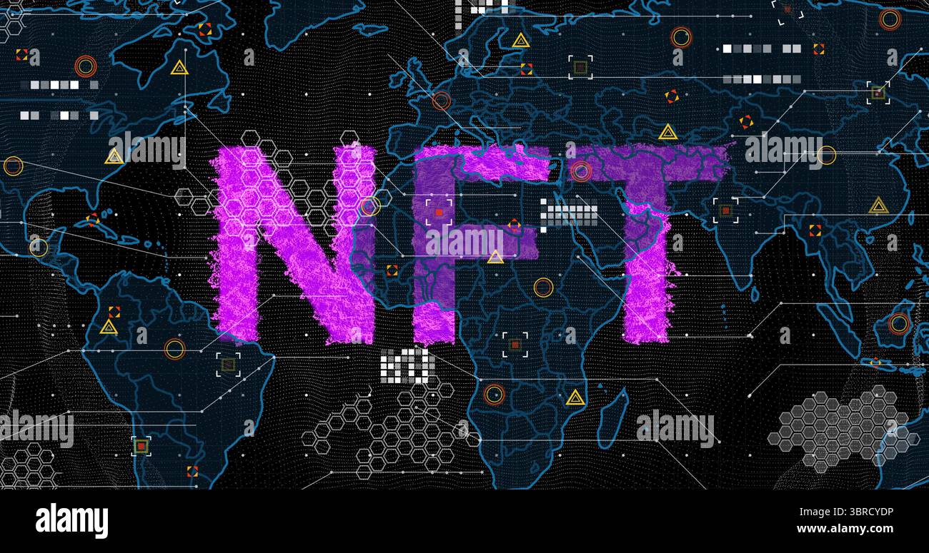 Displaying textured magenta NFT letters on digital world map HUD, with data nodes and warning ...