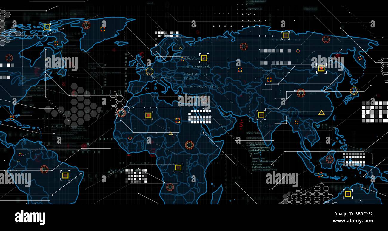 Displaying glowing blue world map outline animating across digital grid ...
