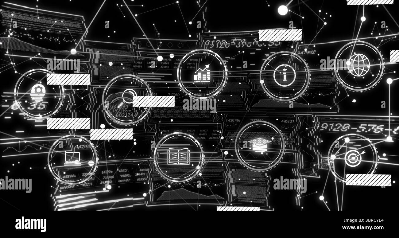 Floating circular UI icons connecting data lines in virtual space ...