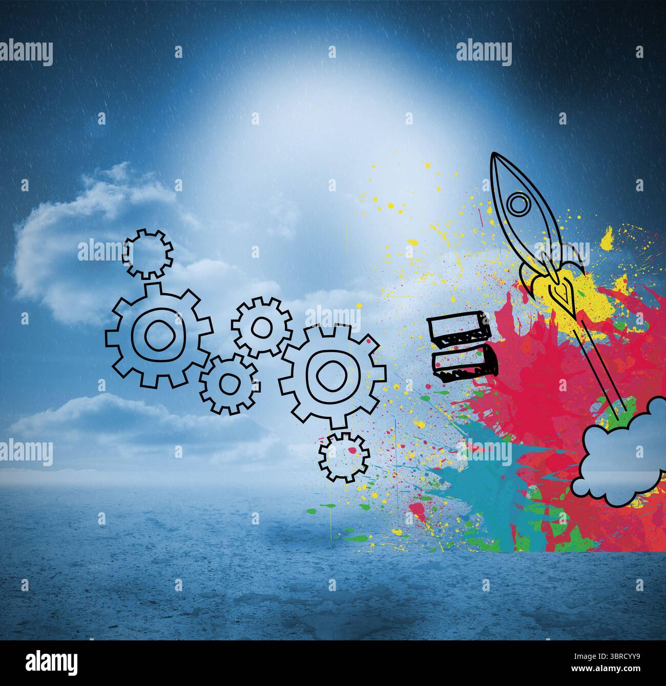 Cogs and rocket over blue countryside Stock Photo - Alamy