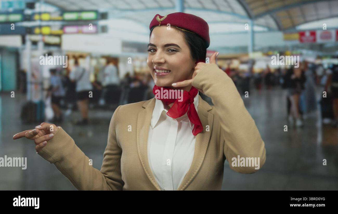 Woman gesturing phone call in airport, wearing flight attendant uniform ...