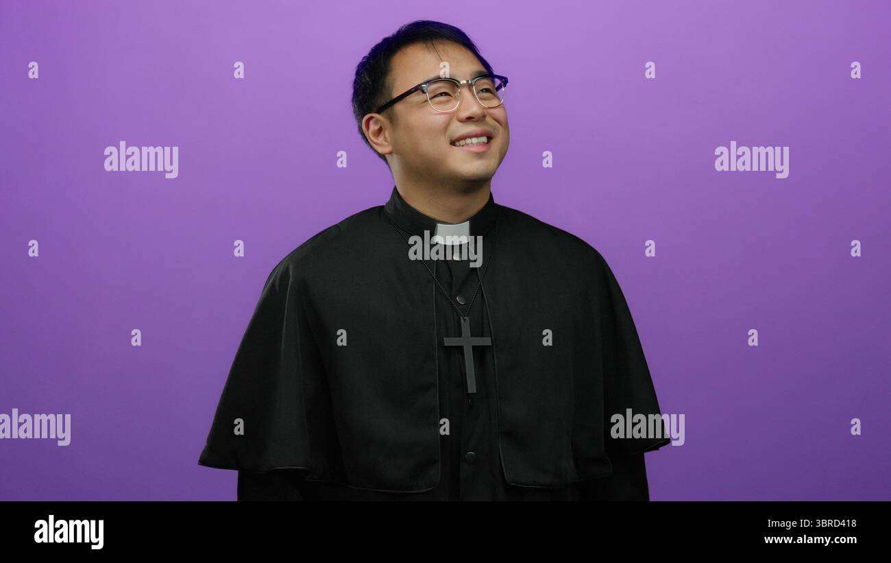 Man priest smiling wearing black robe and cross necklace with glasses ...