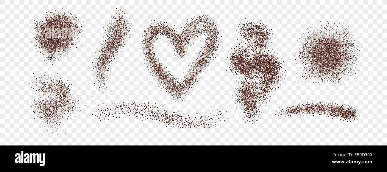 Coffee powder and cocoa dust shapes. 3D granule scatter in different ...