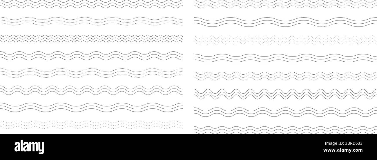 Set of corrugated wave lines. Wavy and dashed line collection on white ...